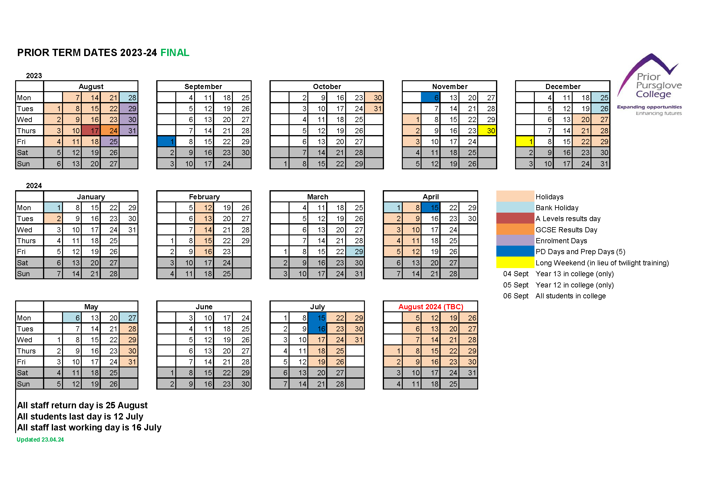 Prior Pursglove | College Dates